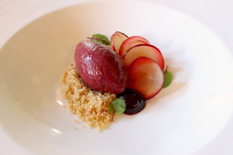 Beetroot Sorbet With Poached Prunes, Blackberry Jelly And Cardamom Crumble